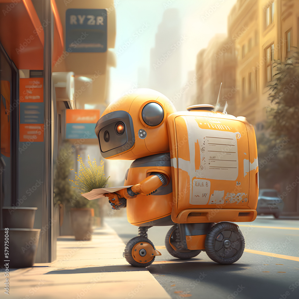 Cute robot courier is delivering an order. Illustration of yellow ...