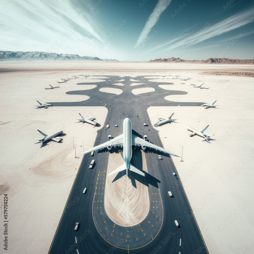 drone view of aerodrome with landing track and aeroplanes in the runway ...