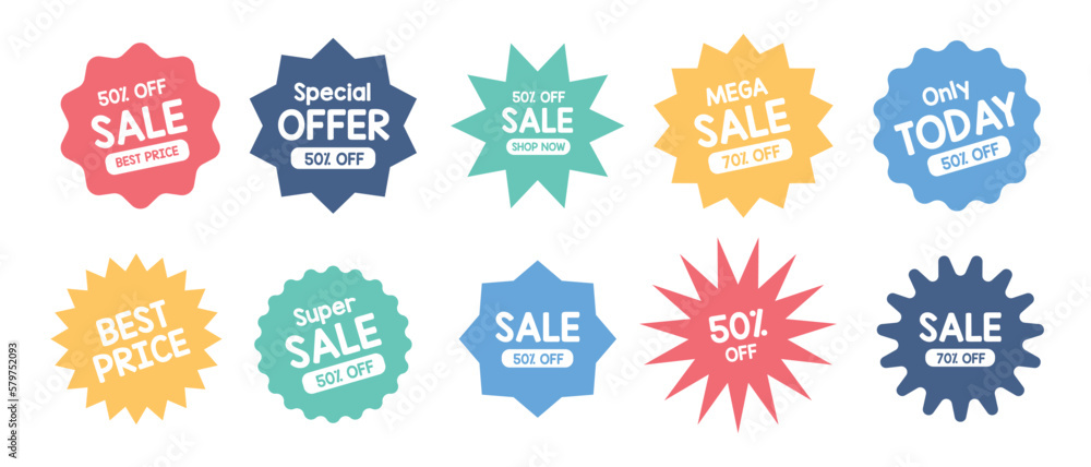 Set of vector red starburst, sunburst badges. Simple flat style vintage ...