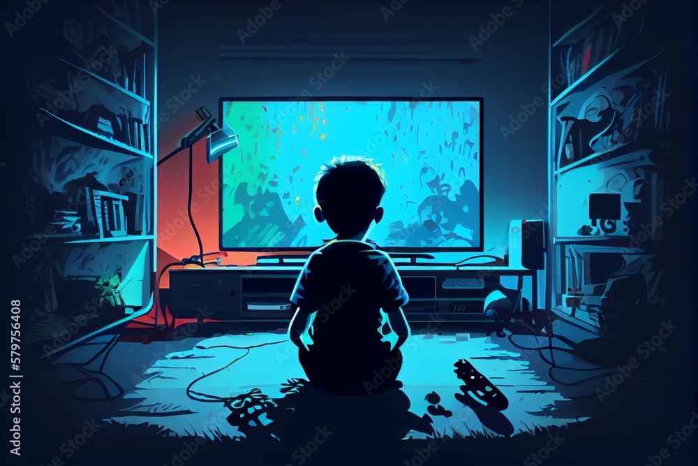 Kid Playing Video Games In His Room. Back View Of A Child Sitting In ...