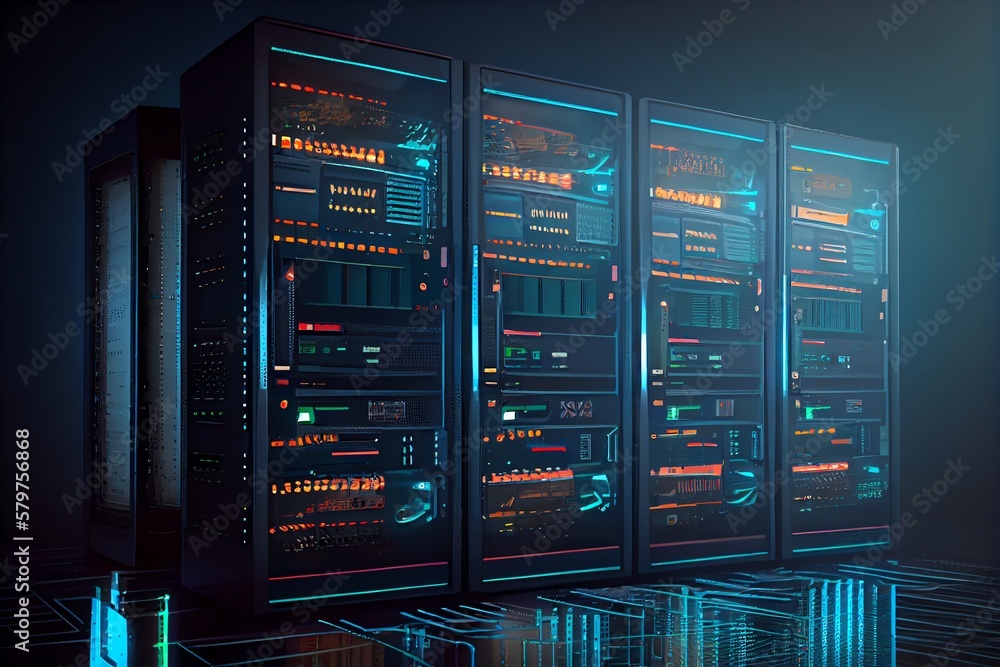 Server Racks In Cloud Data Center With Database Hardware And Cluster Computer Backup Hosting