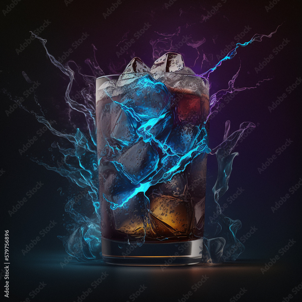 Cocktail cosmopolitan in glass of ice and alcohol with a blue lightning ...