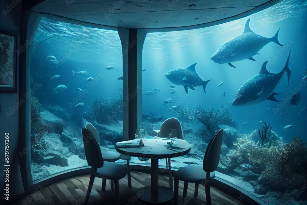Underwater restaurant. Tables next to a large window. You can see the ...