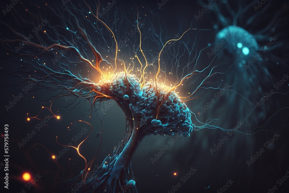 Neurons cells with glowing light. Brain structure universe, neurons in ...