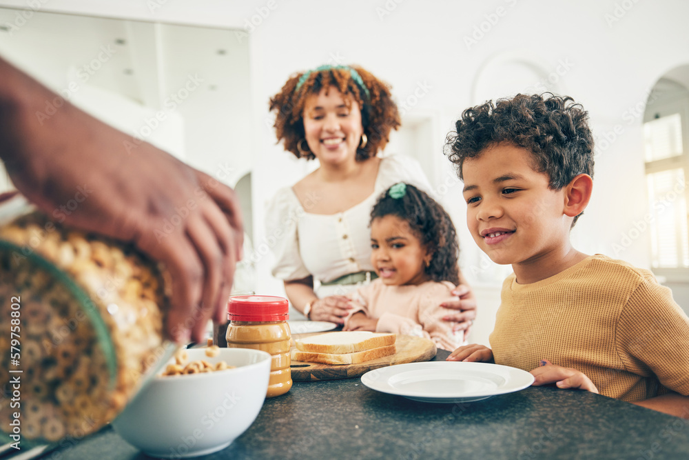 Love, breakfast cereal and happy black family children, mother and ...
