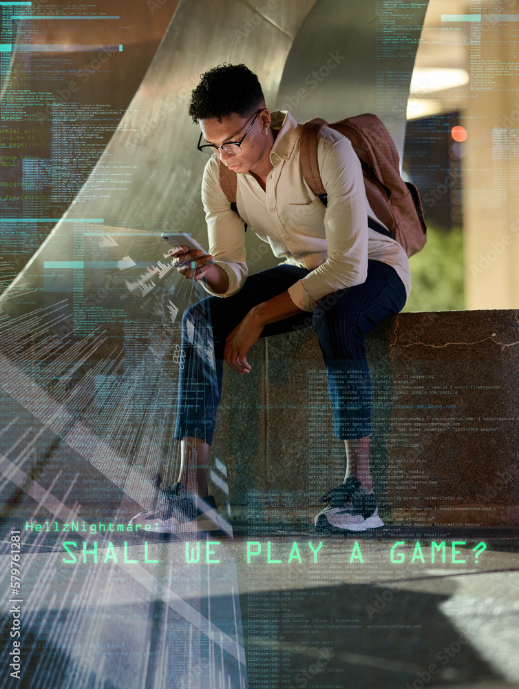 Overlay Phone And Cybersecurity Hacker In A City Coding Networking Or Searching Content On