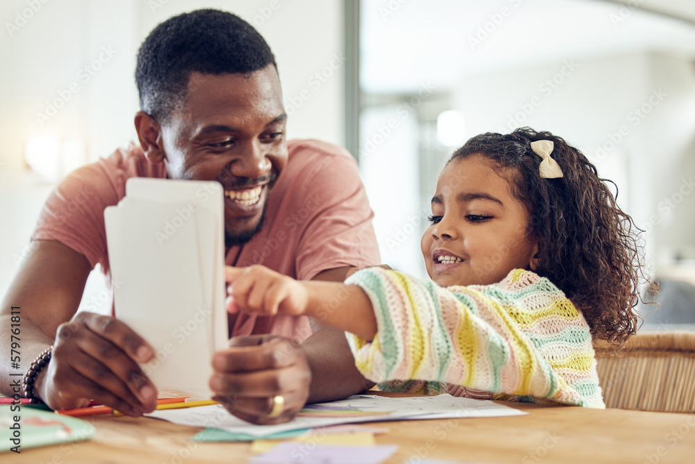Home school, learning and father helping his child with flash cards ...