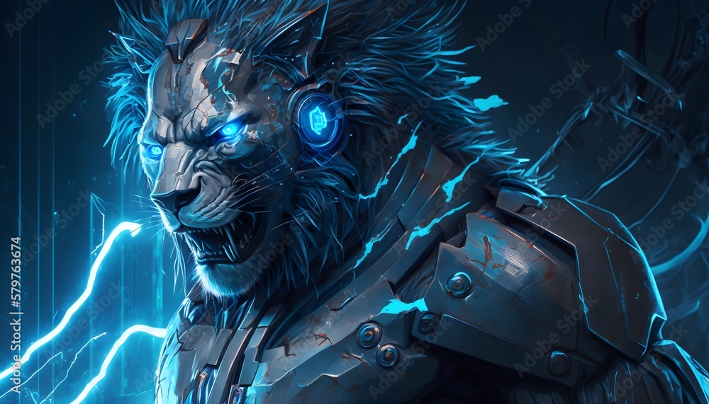 Illustration of a cyborg lion, fierce, intimidating, and powerful ...