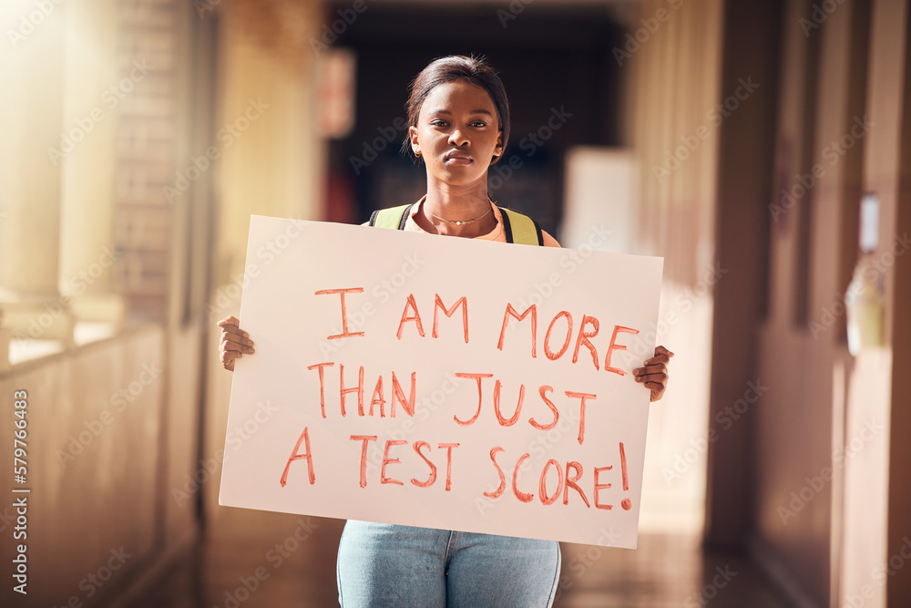 Education, protest and student with a poster at a college for ...