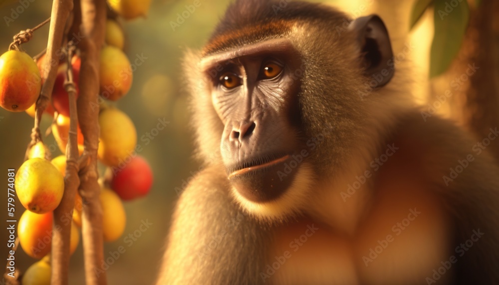a monkey sitting on top of a tree next to fruit hanging from a tree ...