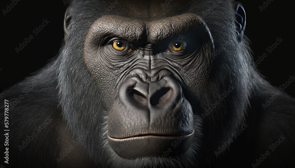 a close up of a gorilla's face with yellow eyes and a black background ...