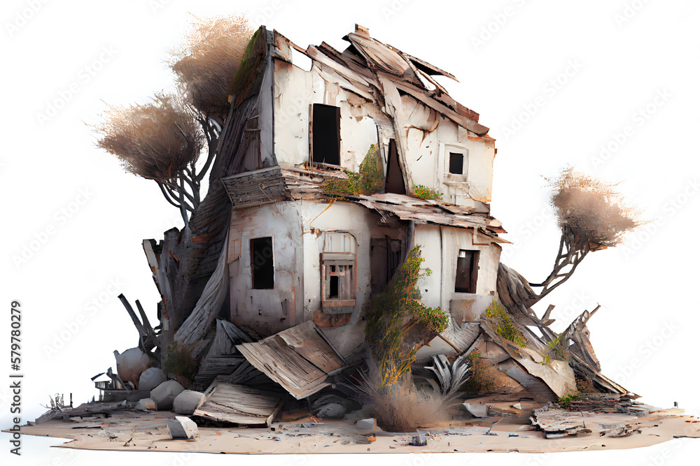 Ruined houses, overgrown abandoned buildings isolated on white ...