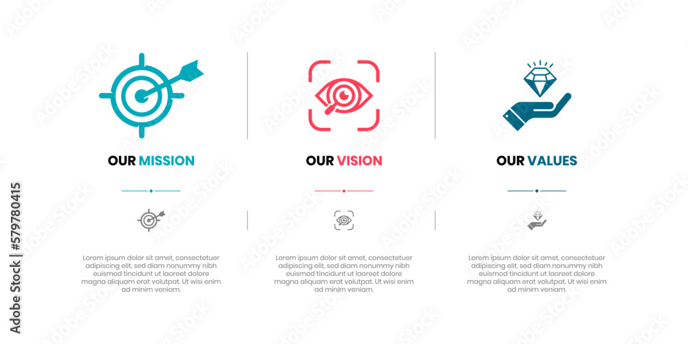 Mission, Vision and Values of company with text. Company infographic ...