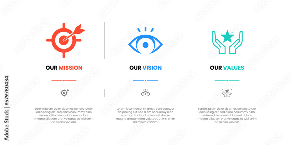 Mission, Vision and Values of company with text. Company infographic ...