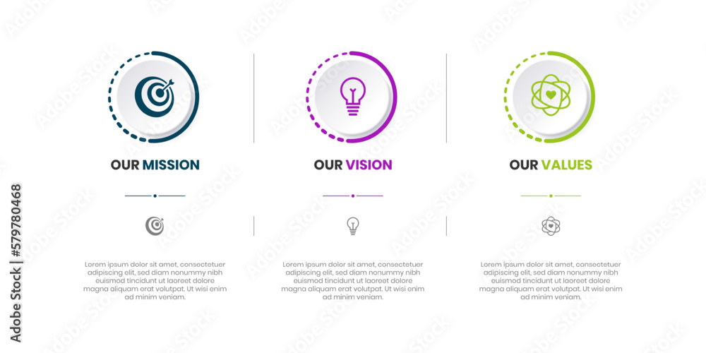 Mission, Vision and Values of company with text. Company infographic ...