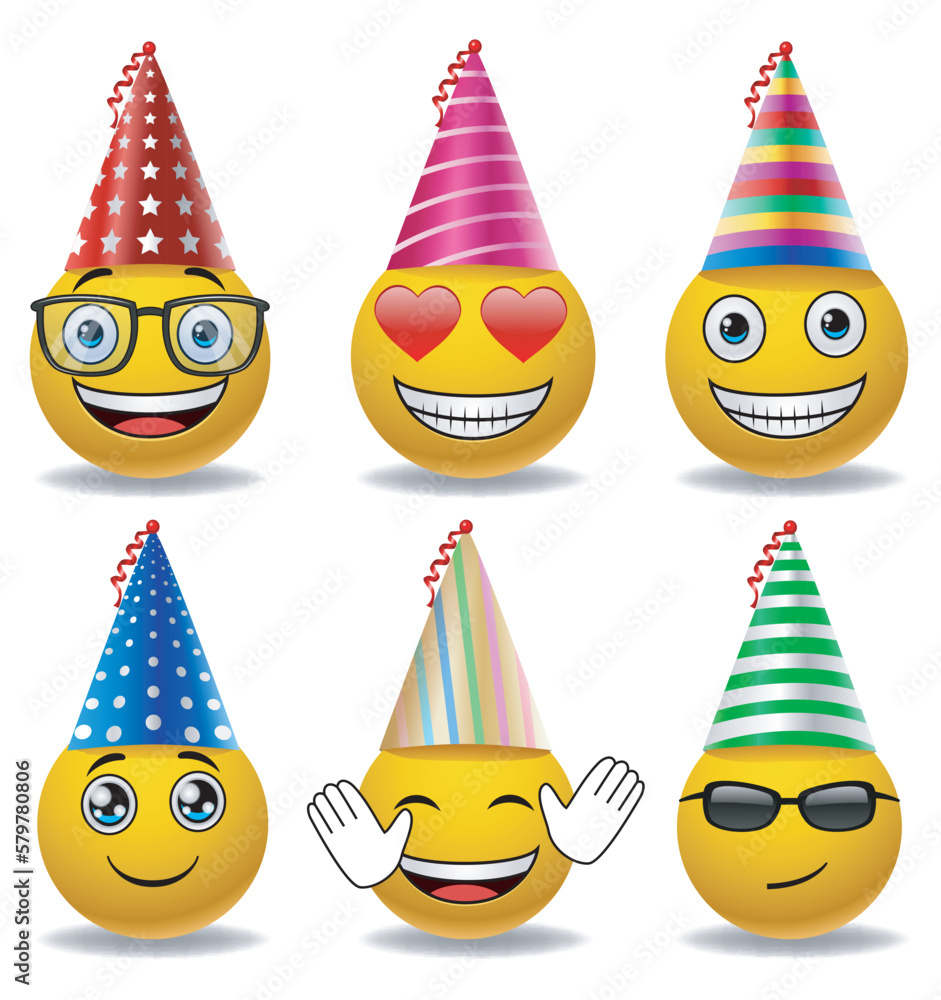 Emoji birthday vector set. Emojis emoticon birthday party icon ...