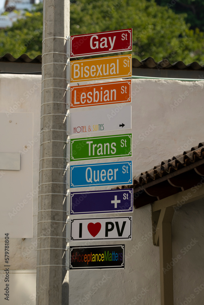 Signs on a street pole gay bisexual lesbian trans queer acceptance ...
