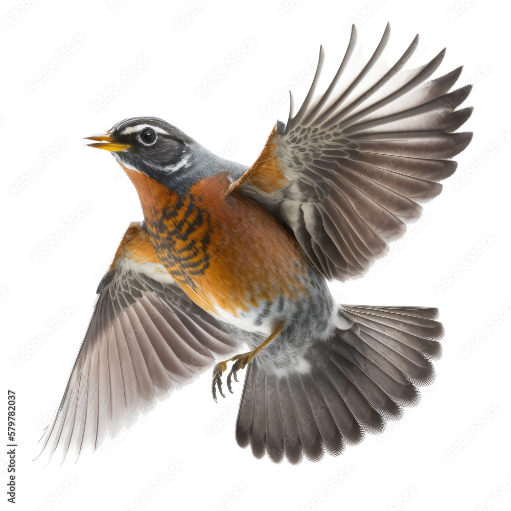 isolated American robin bird in flight, macro, png, transparent background, spring, summer ...