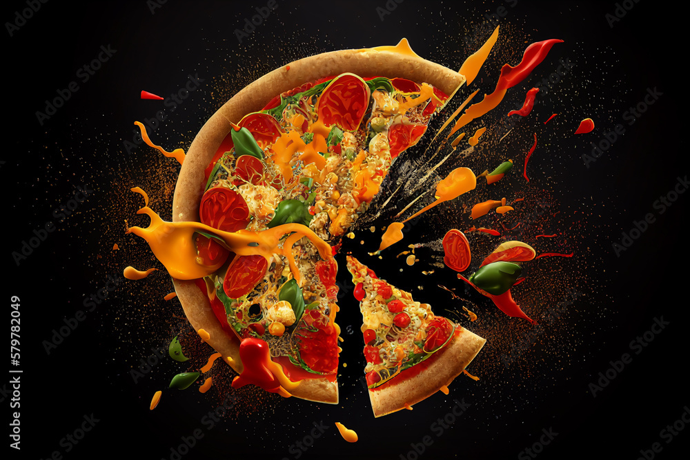 Italian pizza, Juicy cheese stretches from slice. Pizza and Splashes of ...