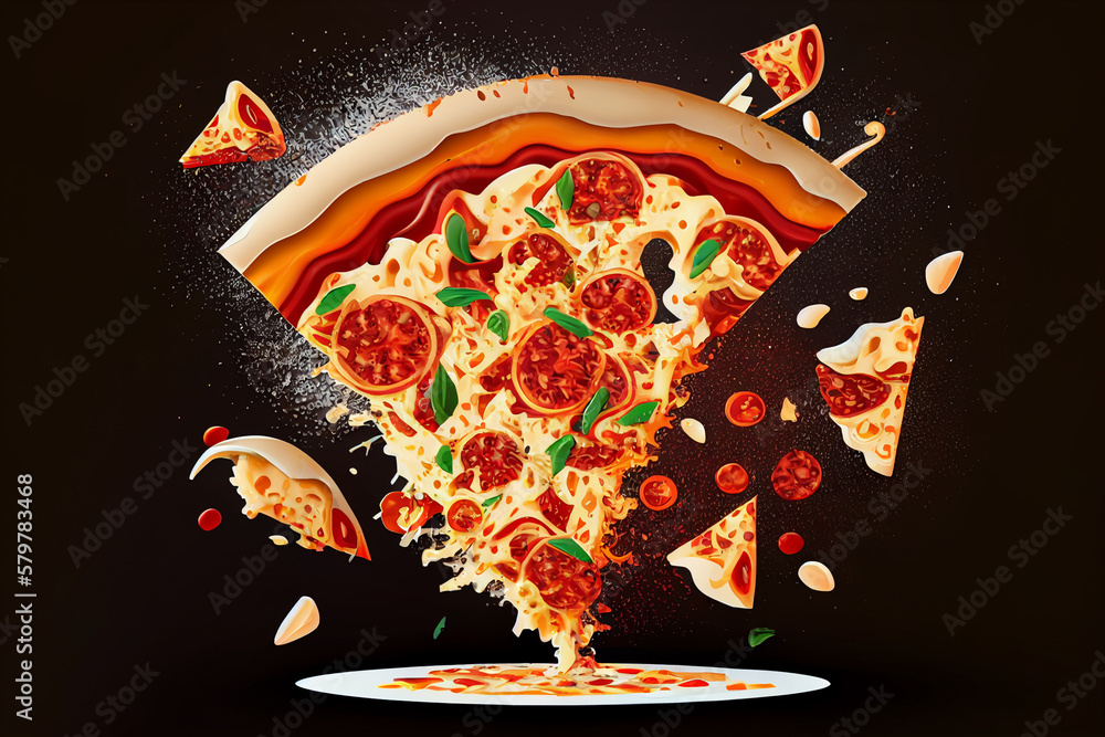 Italian pizza, Juicy cheese stretches from slice. Pizza and Splashes of ...