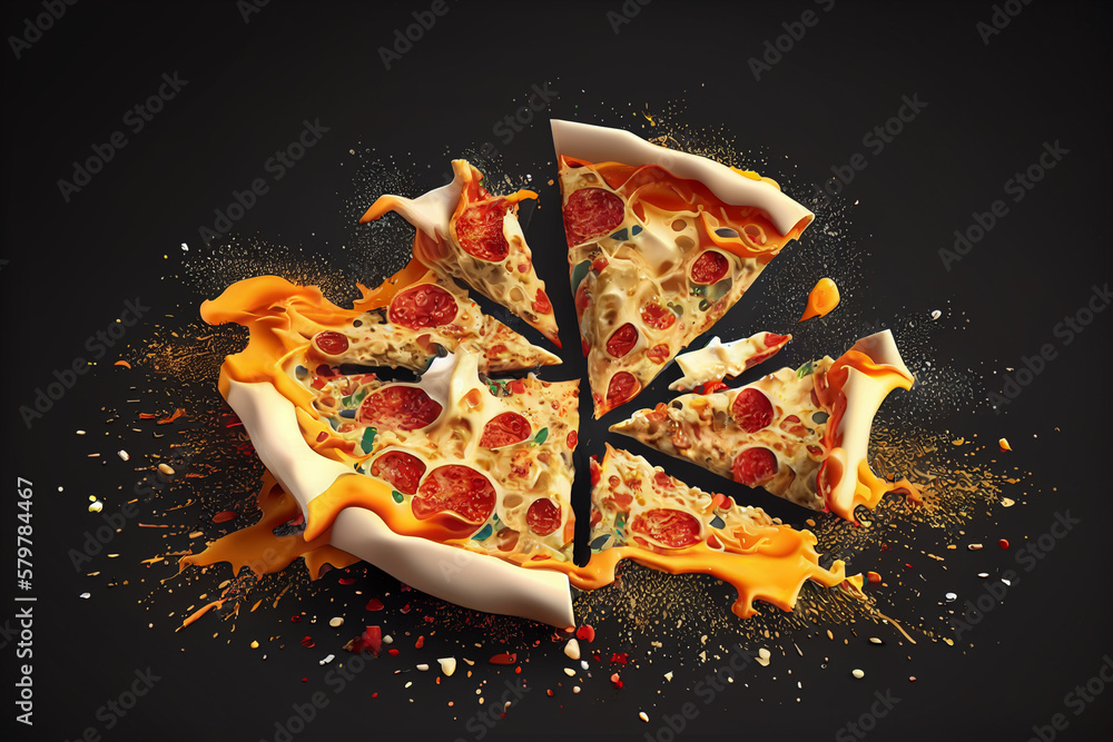 Italian pizza, Juicy cheese stretches from slice. Pizza and Splashes of ...