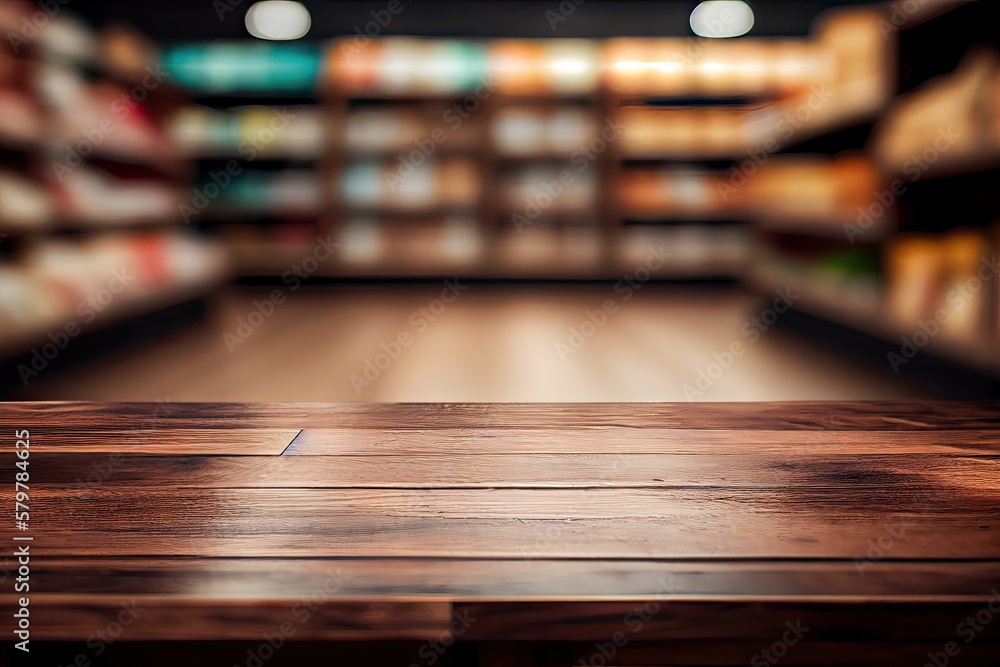 ภาพประกอบสต็อก Empty wood table top on blurred super market. can ...