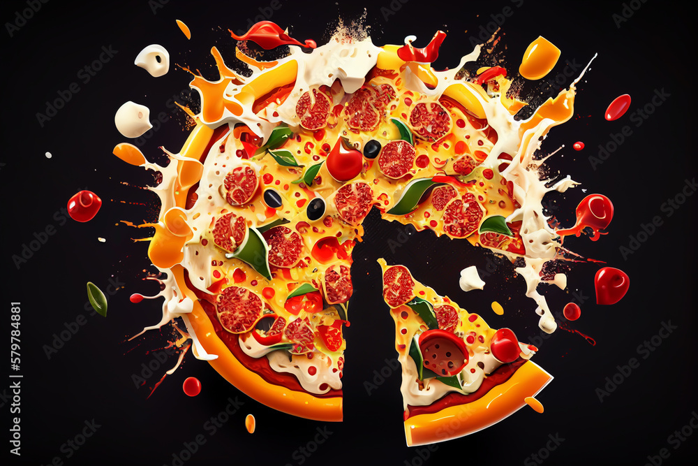 Italian pizza, Juicy cheese stretches from slice. Pizza and Splashes of ...