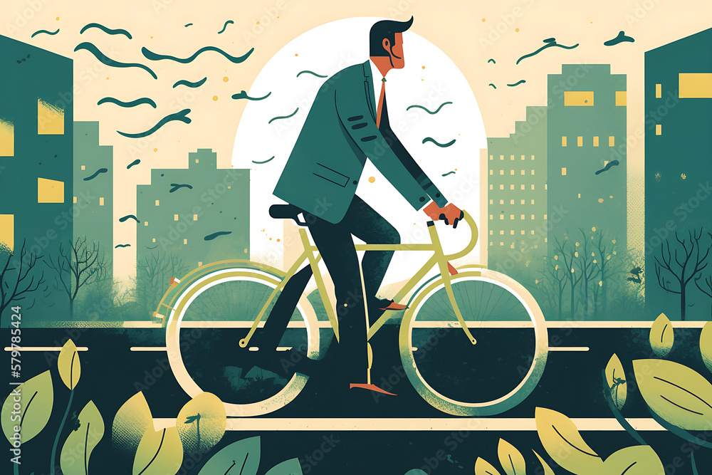 Flat vector illustration A businessman cycling, commuting and the city ...