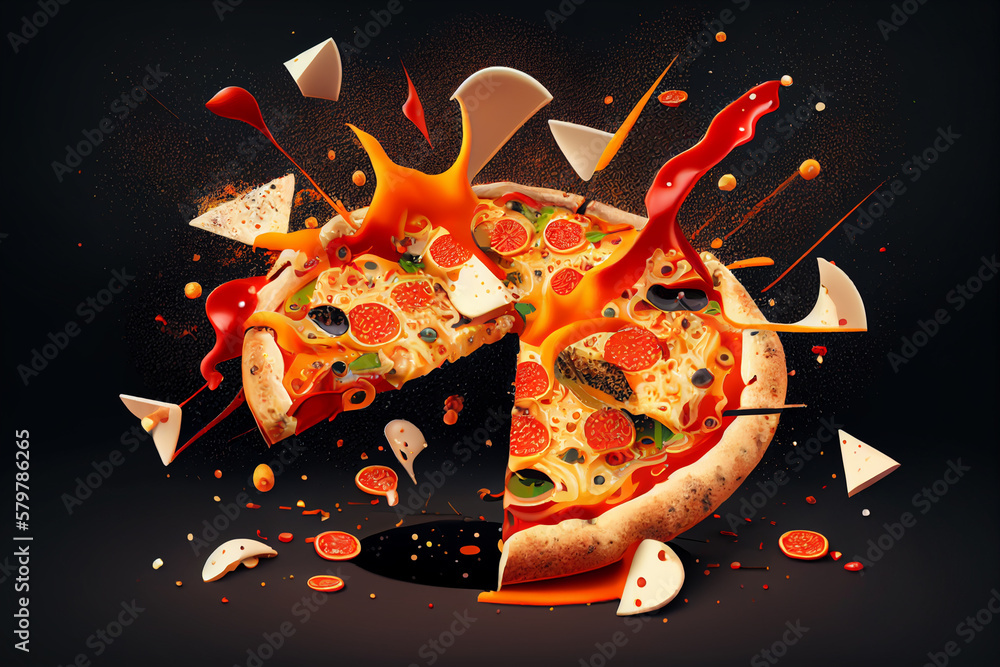 Italian pizza, Juicy cheese stretches from slice. Pizza and Splashes of ...