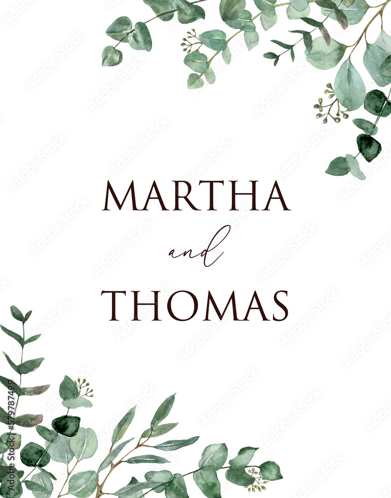 The greenery watercolor frame features eucalyptus foliage. Botanical ...