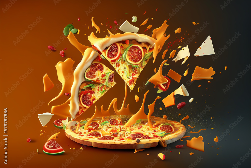 Italian pizza, Juicy cheese stretches from slice. Pizza and Splashes of ...