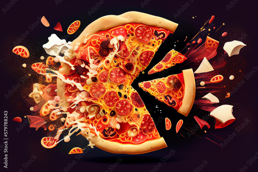 Italian pizza, Juicy cheese stretches from slice. Pizza and Splashes of ...