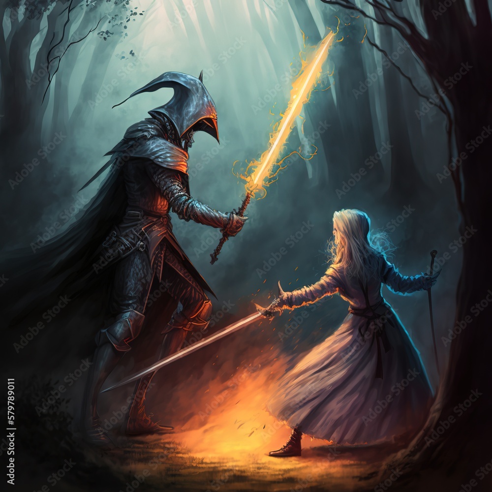 The battle of the witch and the knight, fantasy illustration Ai ...