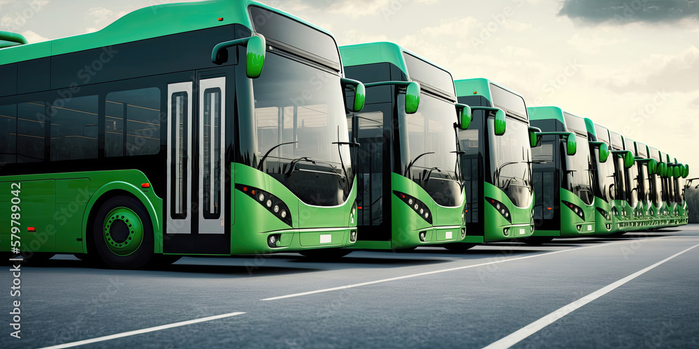 Green electric buses in a row. Generative AI Stock Illustration | Adobe ...