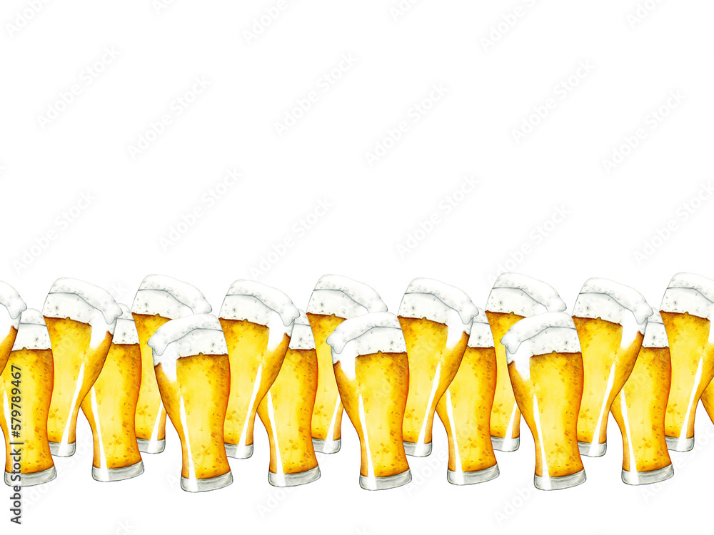 Seamless border beers. Watercolor illustration for Octoberfest. Sketch ...