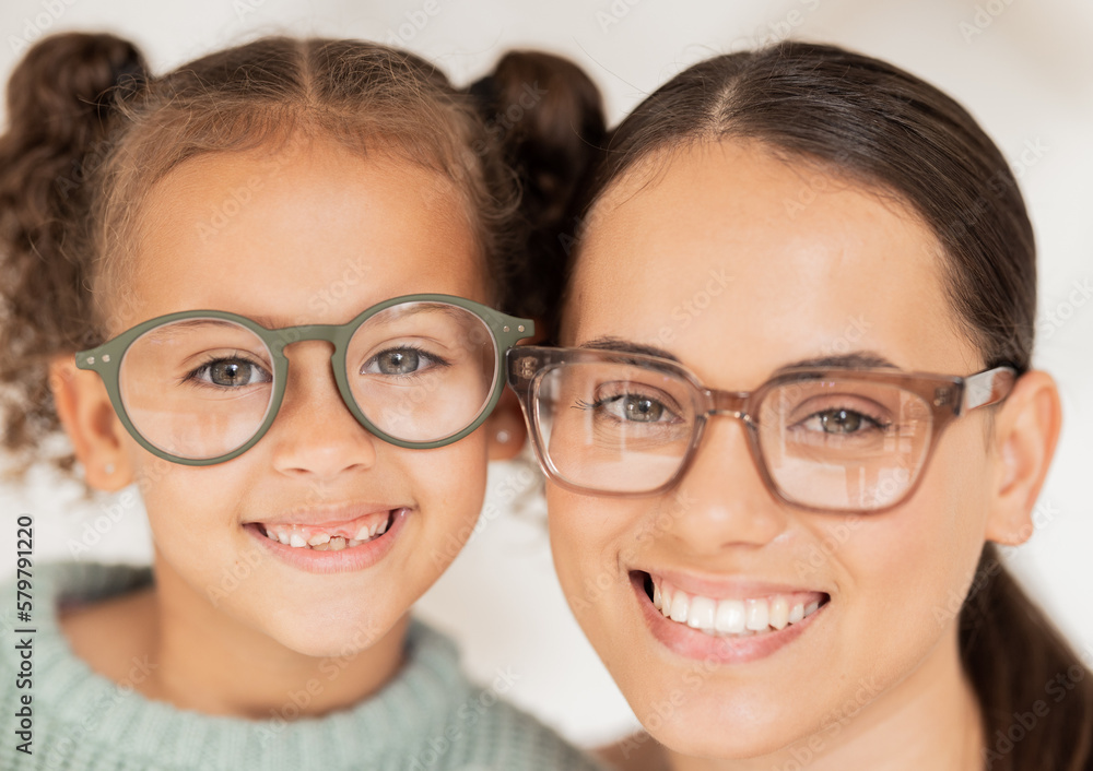 Optometrist, vision and portrait of mother and child smiling together ...