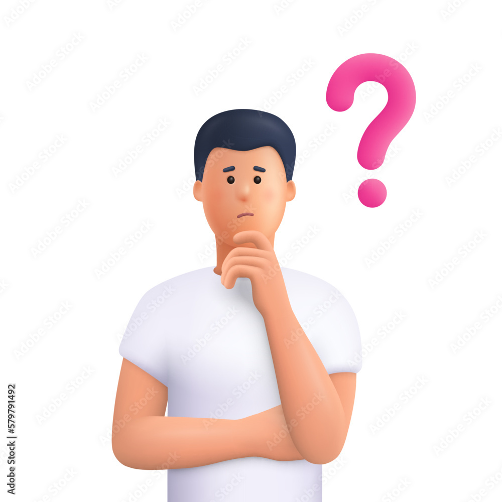 Poster Confused man thinking in a thoughtful pose with question mark ...