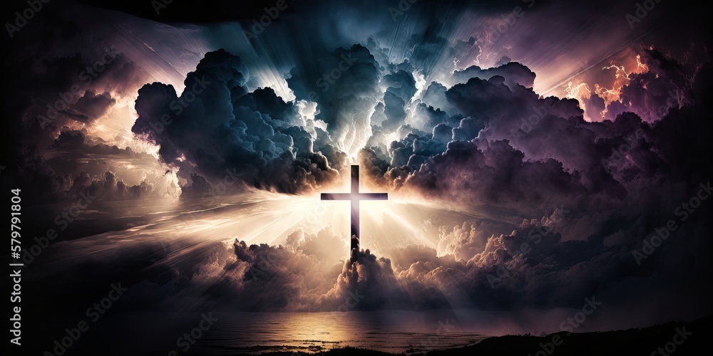 ? of JesusThe colourful sky ablaze with light streaming through ...