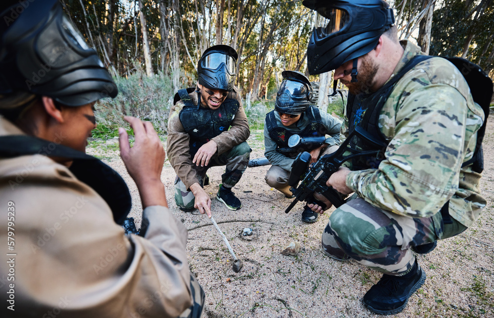 Paintball, team and military strategy with mission, teamwork and war ...