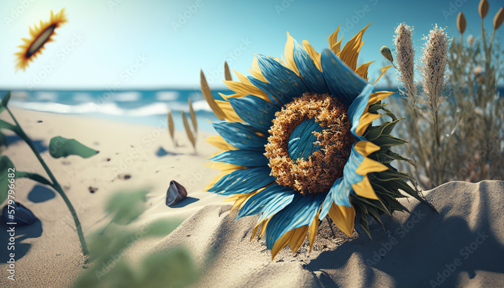 A blue and yellow sunflower sitting on top of a sandy beach 3d ...