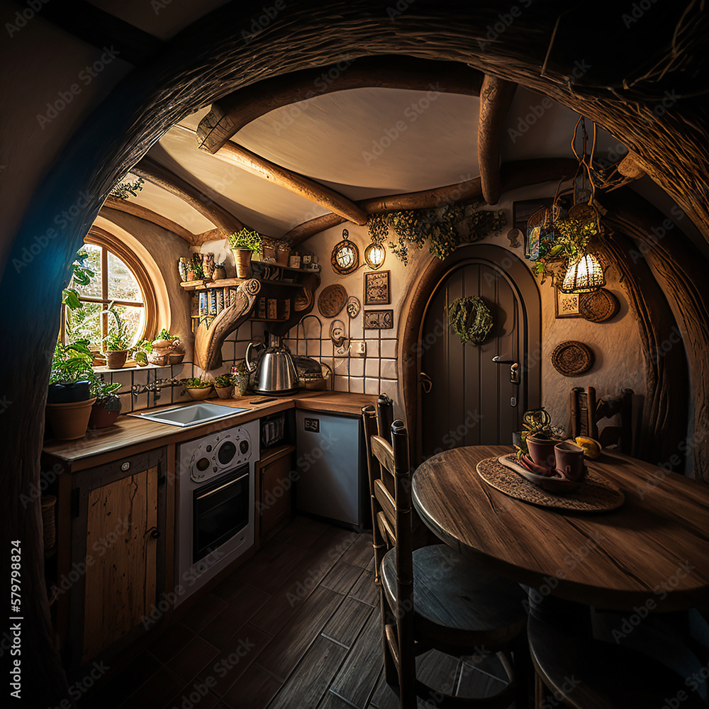 Cottage style hobbit home inspired interior design. Created using ai ...