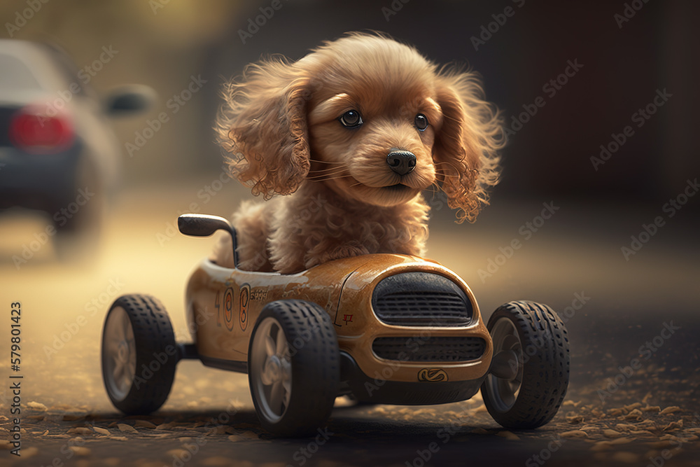 A puppy dog driving a vintage pedal car. Generative ai and digital ...