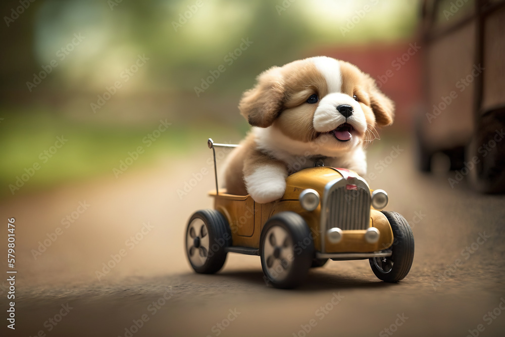 A puppy dog driving a vintage pedal car. Generative ai and digital ...