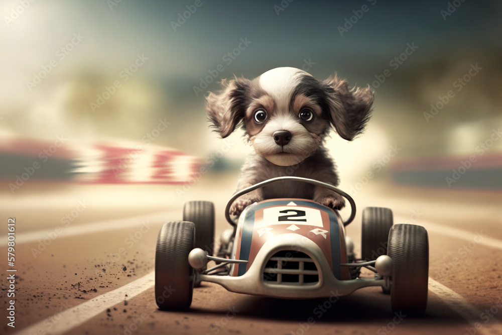 A puppy dog driving a vintage pedal car. Generative ai and digital ...