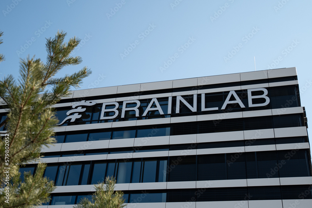 Brainlab lettering on office building of the headquarters in Munich ...