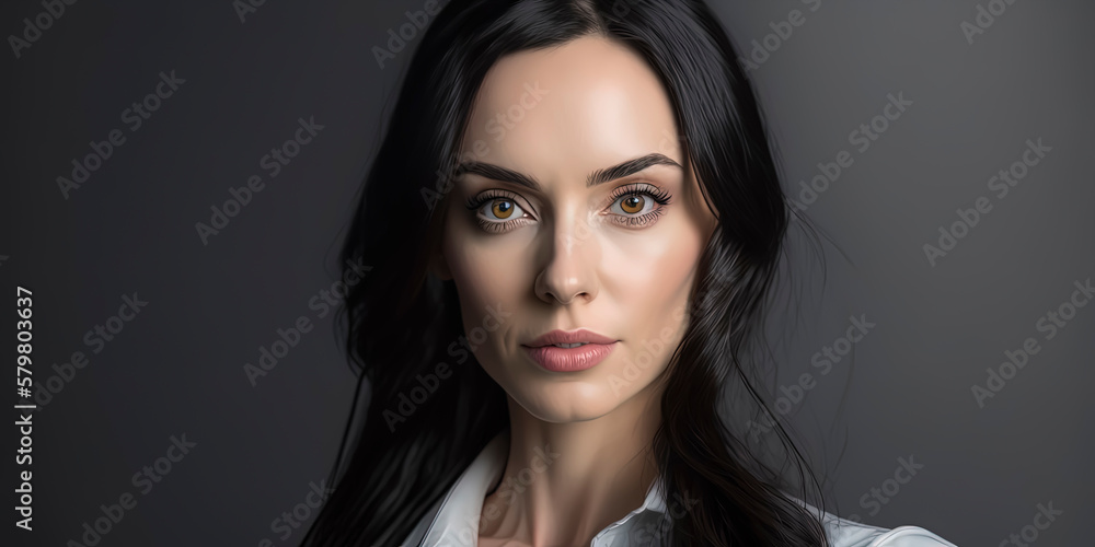 young woman with crystal clear beautiful eyes, dressed with a business ...