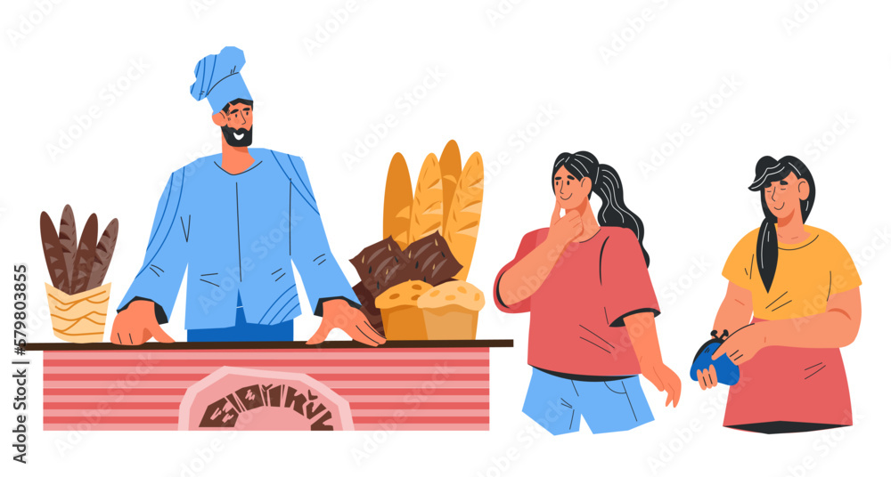 Bakery scene with buyers in bakery shop or bakehouse and baker ...