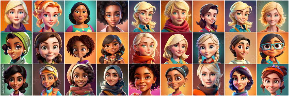 Female avatar set. Collection of portraits of women cartoon characters ...