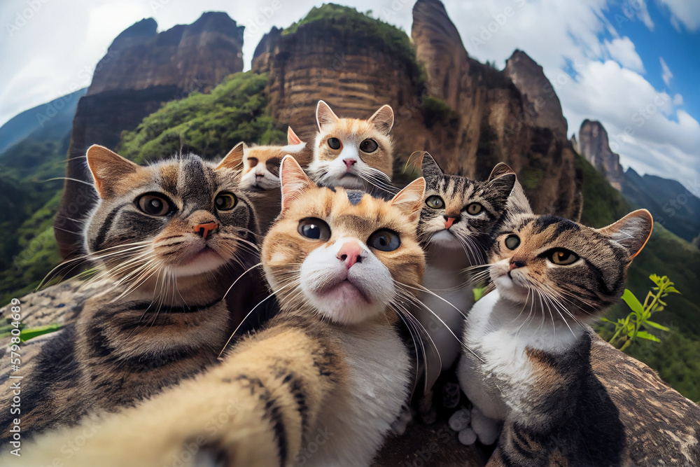 Highly defined macrophotography selfie of a group of cats huddled ...