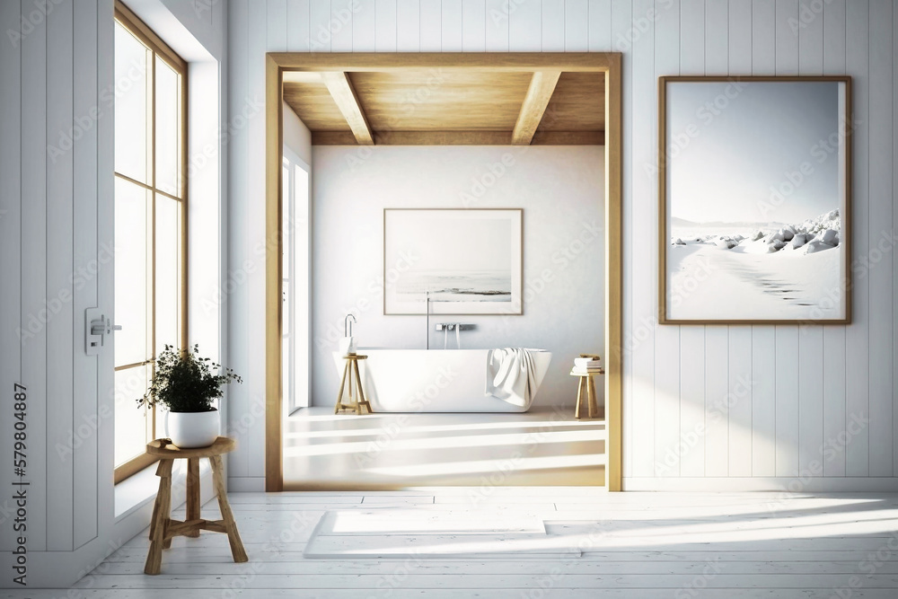 bath room, large blank frame, light wood frame, white minimal style ...